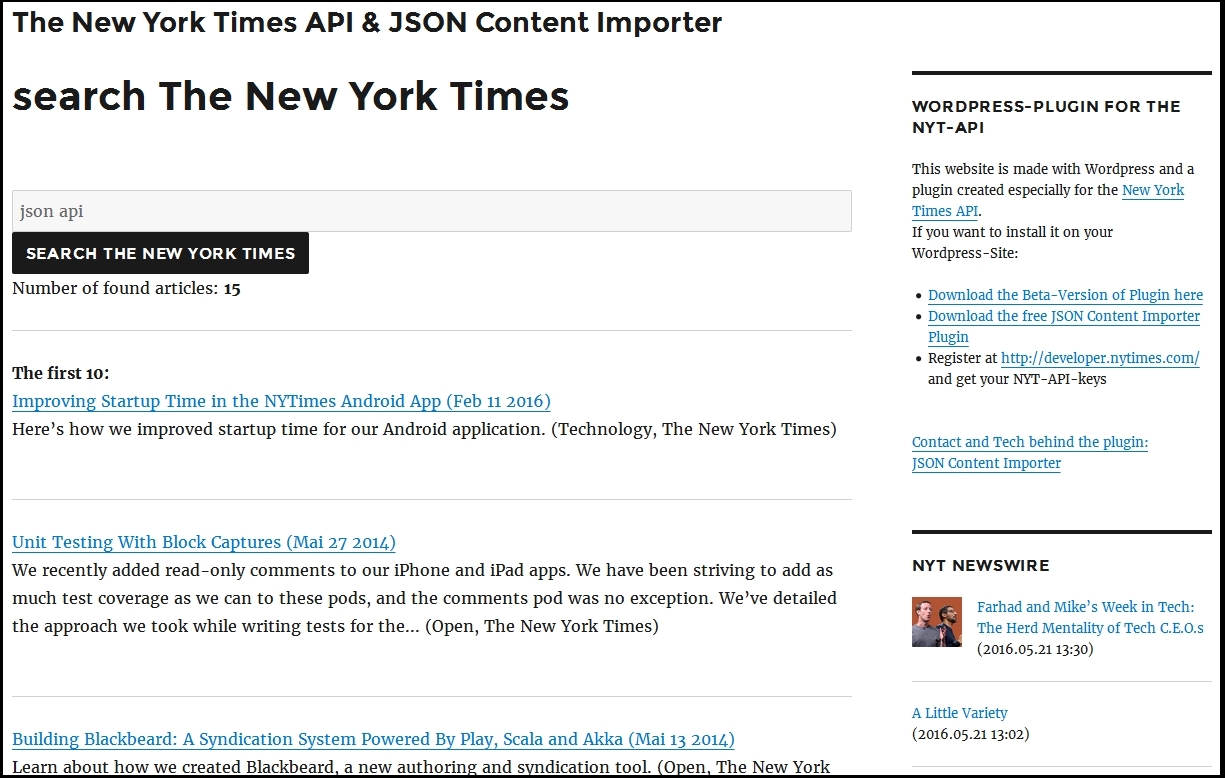 Screenshot: JSON Content Importer meets The New York Times API - WordPress-Plugin JSON Content ...